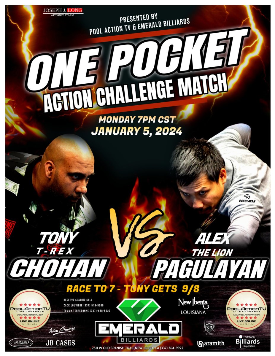 Tony Chohan vs. Alex Pagulayan One Pocket Challenge Match! Monday ... Tony Chohan vs. Alex Pagulayan One Pocket Challenge Match! Monday ...